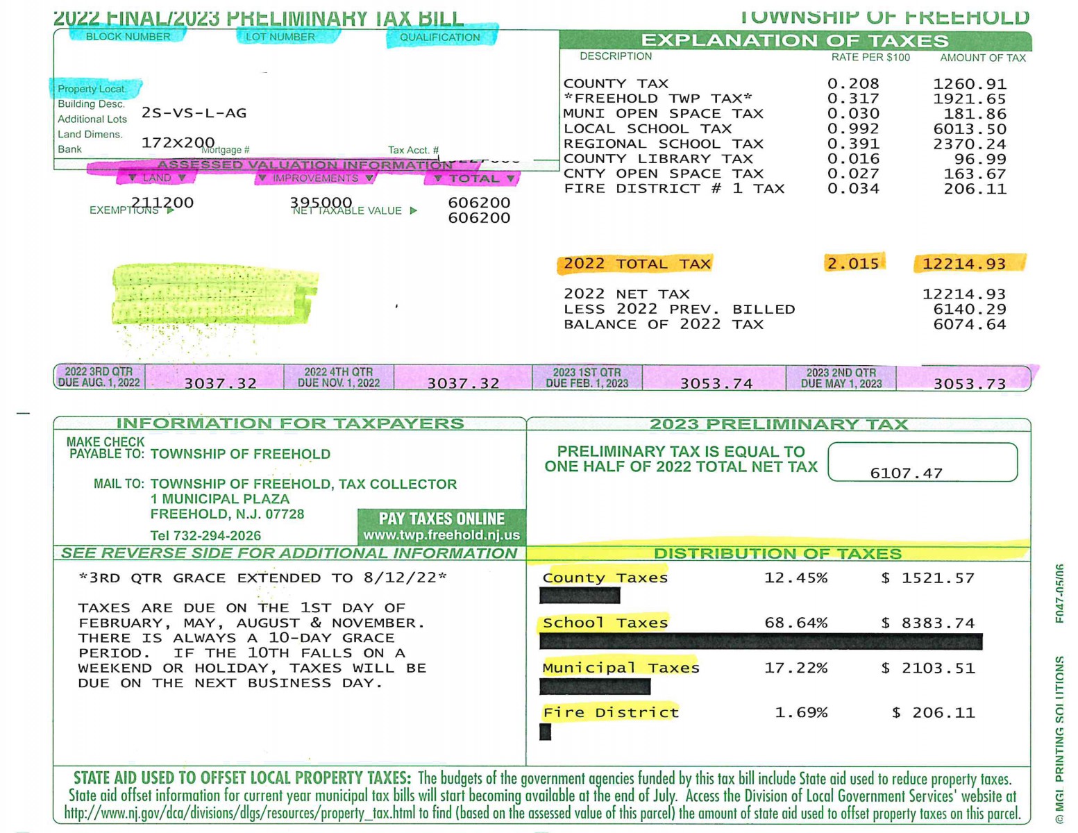 Freehold Township | Sample Tax Bill and Explanation